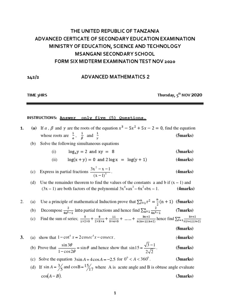 Advanced Math 2 f6 Midterm Nov 2020 | PDF