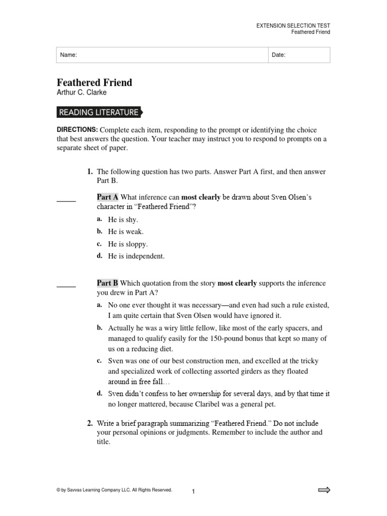 Feathered Friend: Test Questions & Answers | PDF