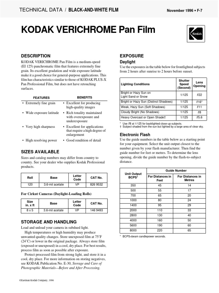 F7-Verichrome-199611 Kodak Datasheet | PDF | Exposure (Photography) | Imaging