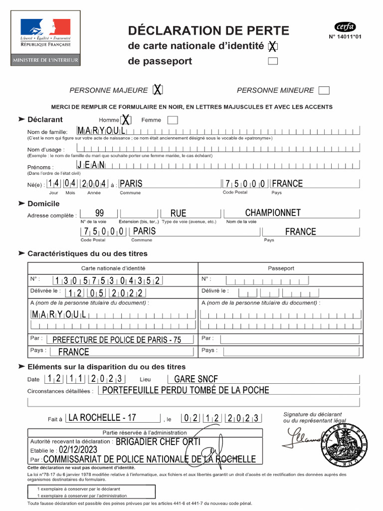 Declaration de Perte Cni Maryoul | PDF