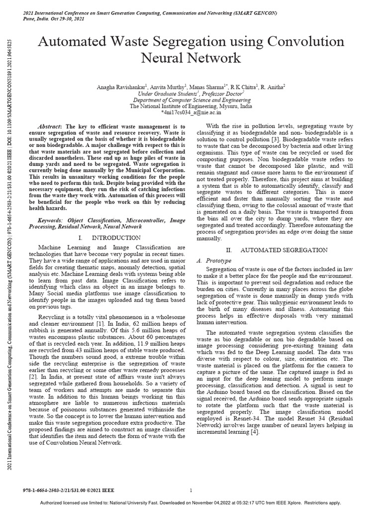Automated Waste Segregation Using Convolution Neural Network | PDF