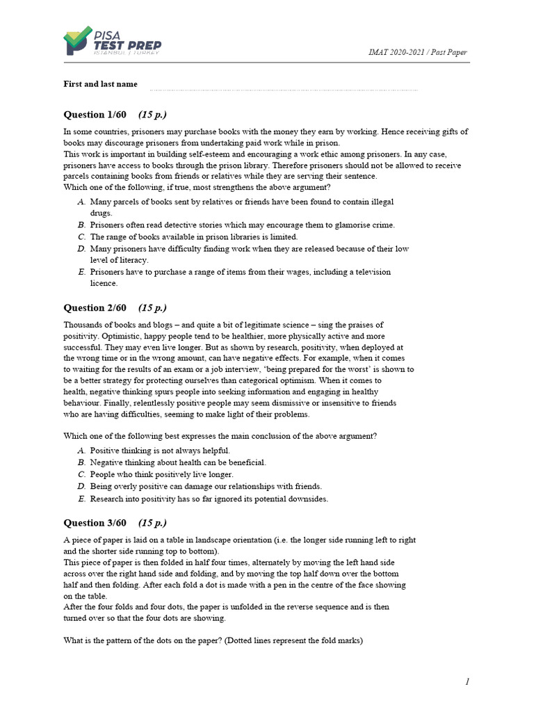 IMAT 2020-2021 Past Exam Questions | PDF