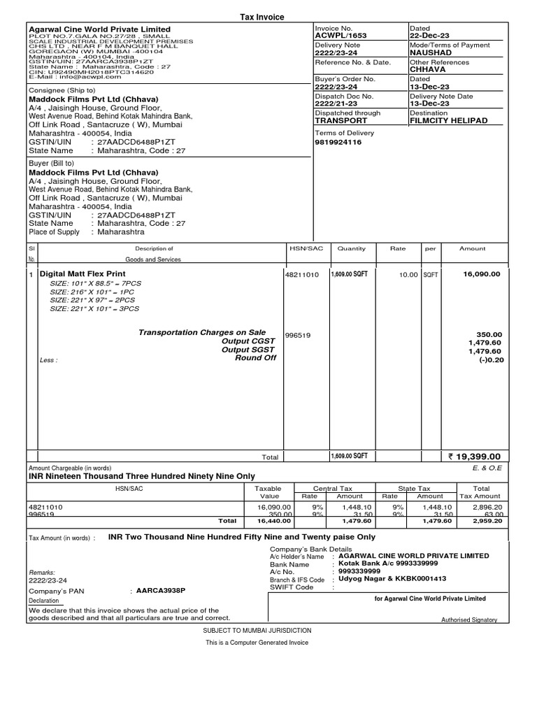 Tax Invoice: Transportation Charges On Sale Output CGST Output SGST ...