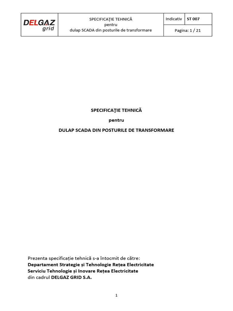Specificaţie Tehnică Pentru Dulap Scada Din Posturile de Transformare | PDF