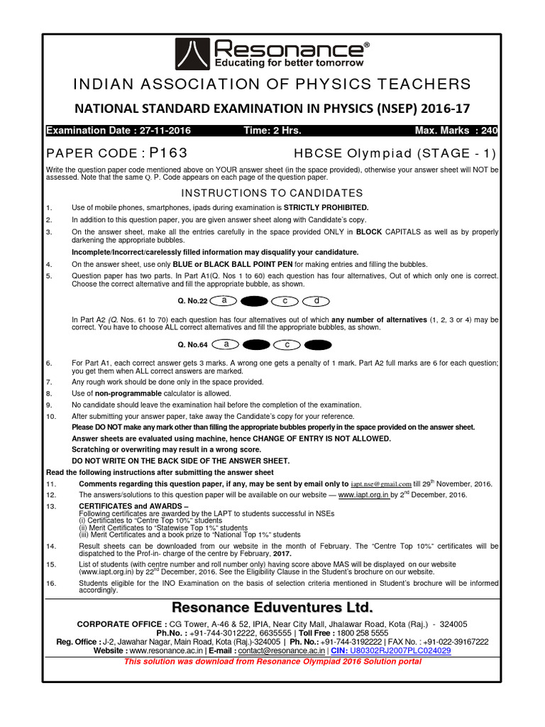 NSE Stage 1 2016 17 Solution NSEP Code P163 v1 | PDF | Amplitude ...