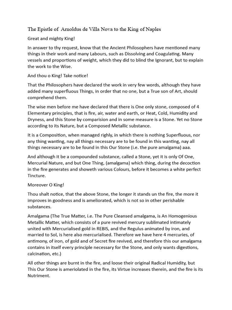 The Epistle Of Arnoldus De Villa Nova To The King Of Naples PDF Sun