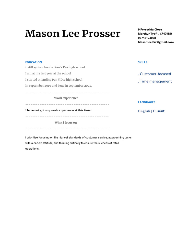 Mason Lee Prosser CV | PDF