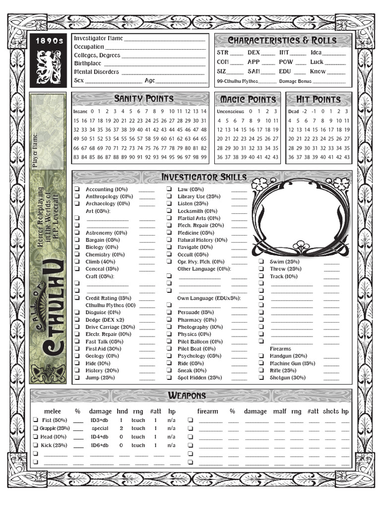 CoC - Gaslight - Character Sheet Art Nouveau | PDF