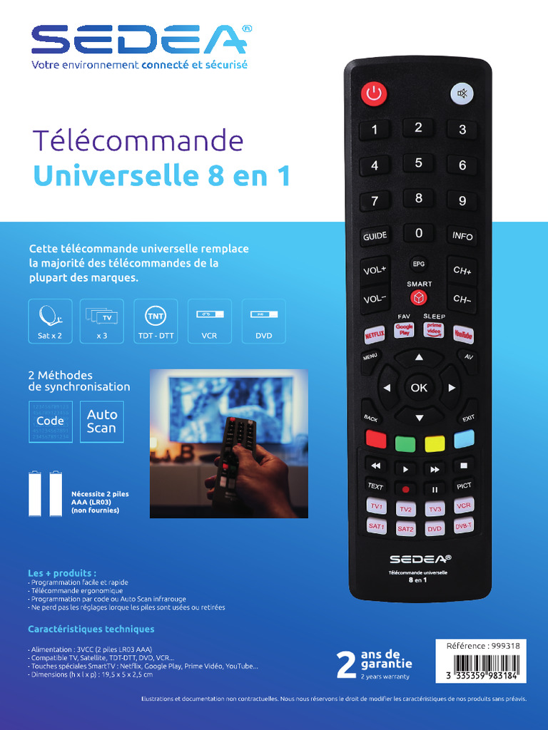Fiche Technique Telecommande Universelle 8 en 1 Sedea | PDF