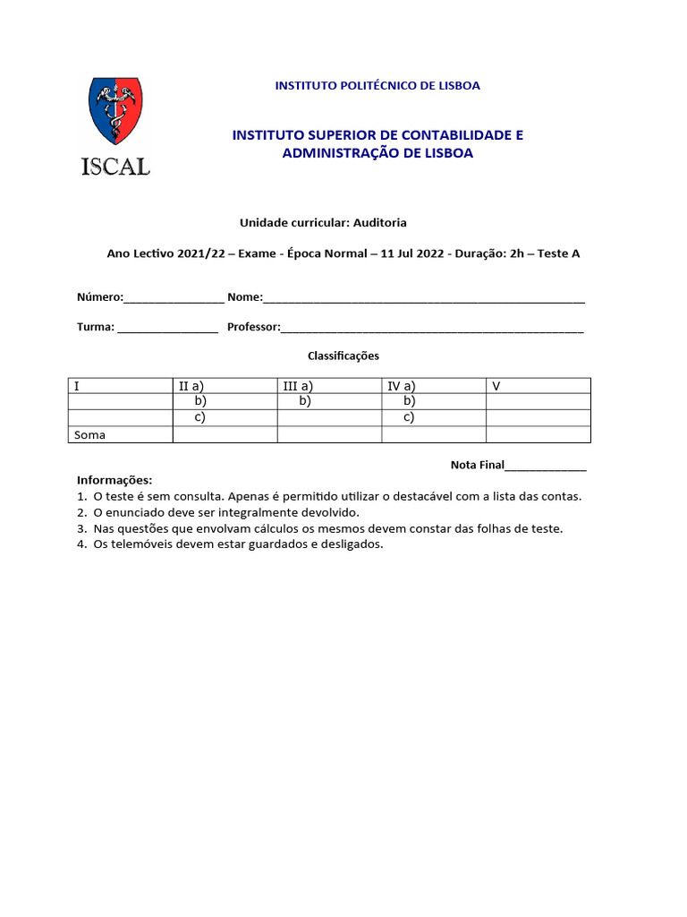 Exame de Auditoria - ISCAL 2022 | PDF | Contabilidade | Serviços ...