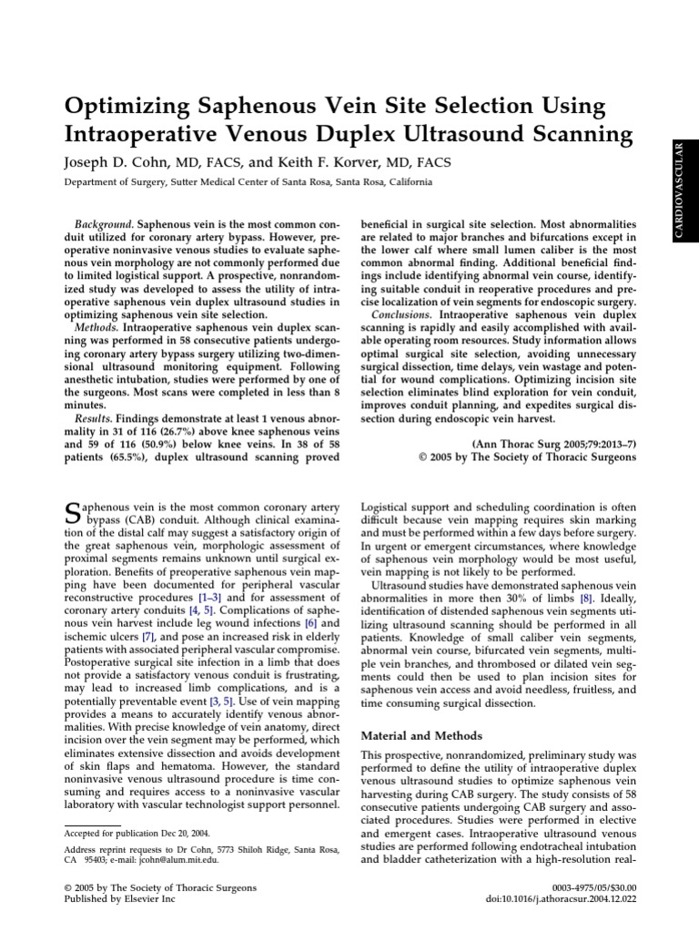 Optimizing Saphenous Vein Site Selection Using Intraoperative Venous Duplex Ultrasound Scanning ...