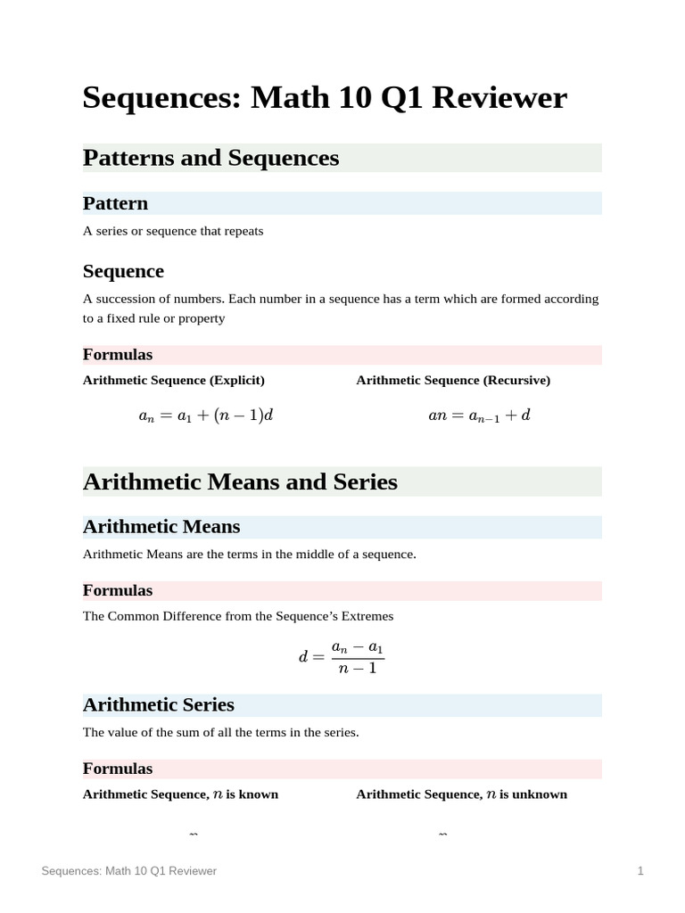 Sequences Math 10 Q1 Reviewer | PDF