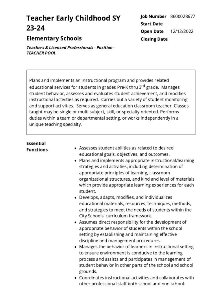 Elementary Schools - Teacher Early Childhood SY 23-24 | PDF | Teachers ...