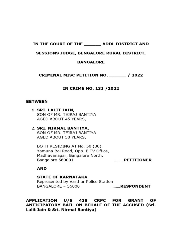 Anticipatory Bail Petition Pdf Bail Arrest
