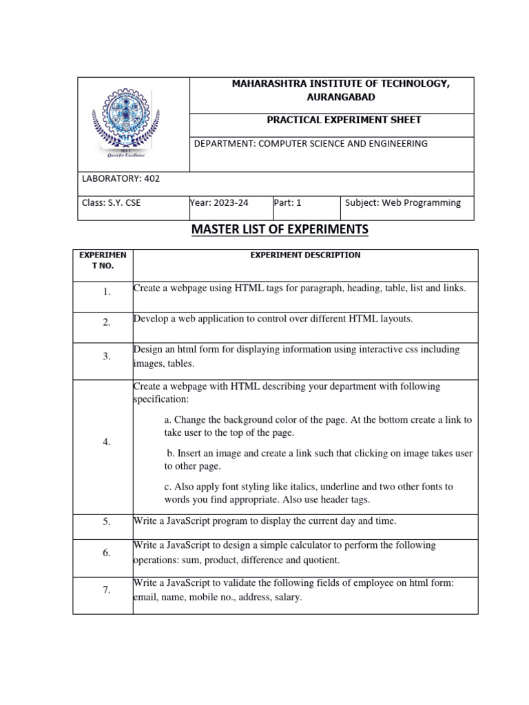 List of Experiments | PDF