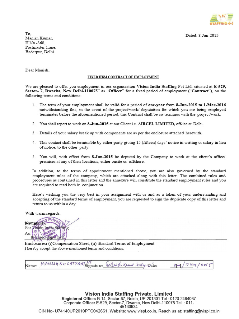 Experience Letter Aircel PVT LTD | PDF