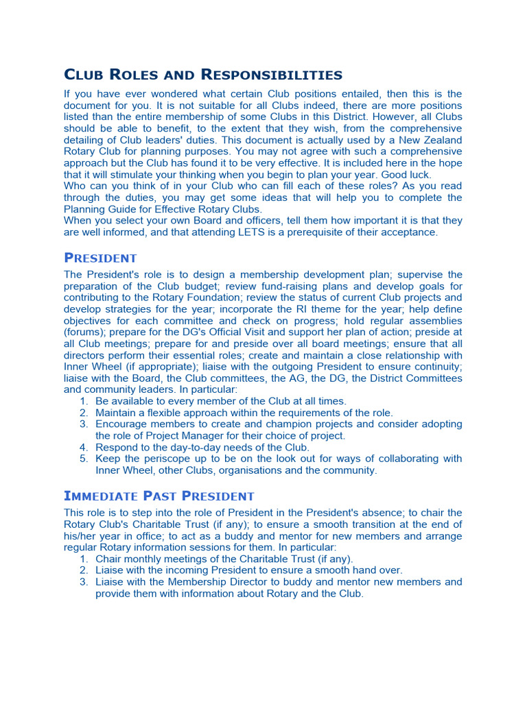 Club Roles and Responsibilities | PDF
