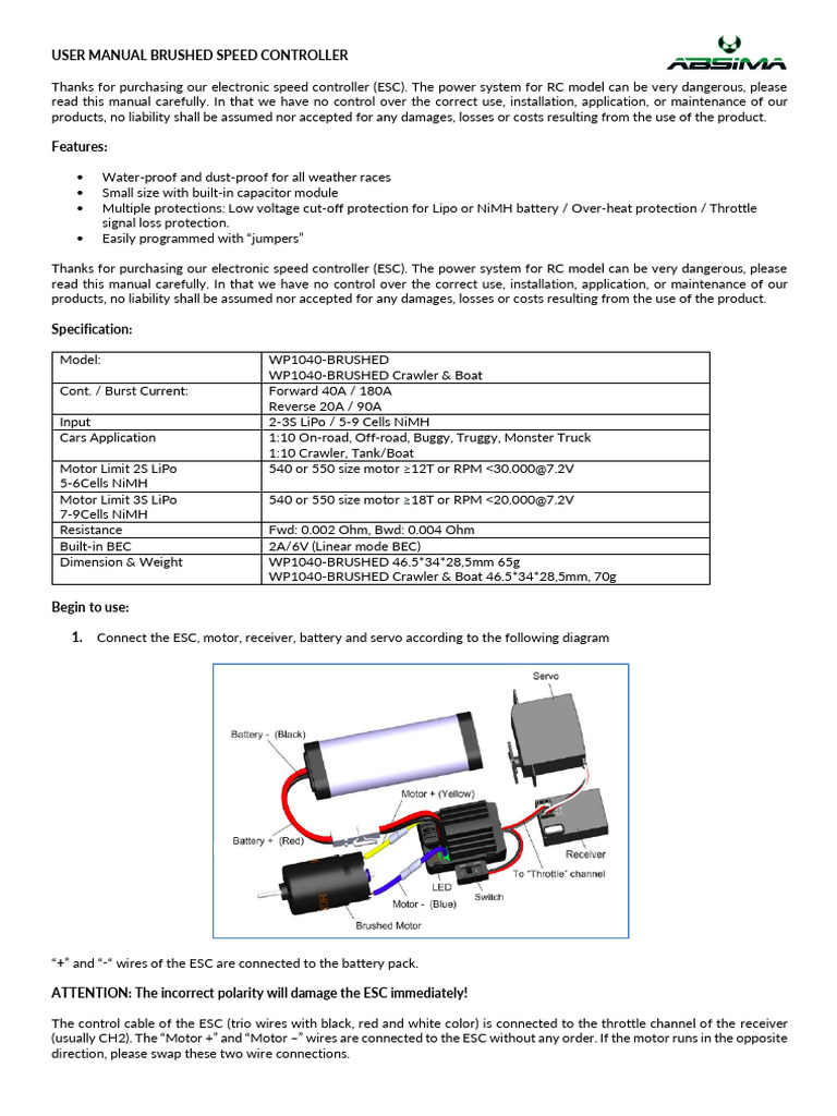 WP1040 Brushed ESC User Manual | PDF | Computer Engineering | Electromagnetism