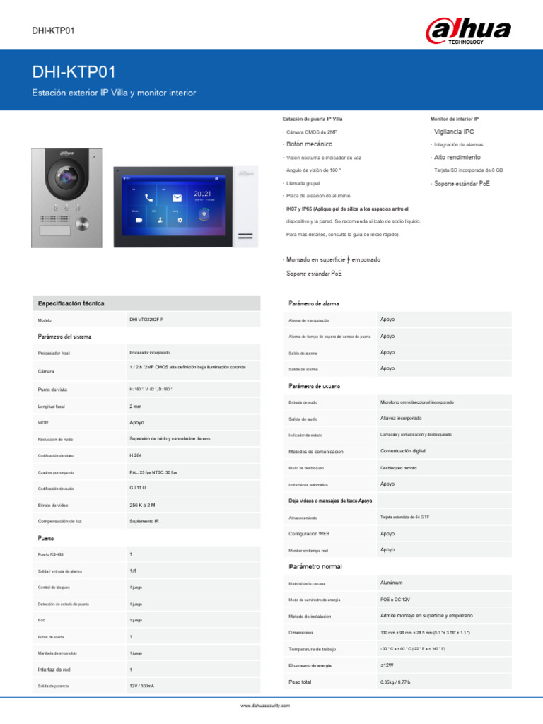 Dahua KITKTP01S Intercomunicador IP Touch Cám2MP Antivandálico Ficha Técnica Español | PDF