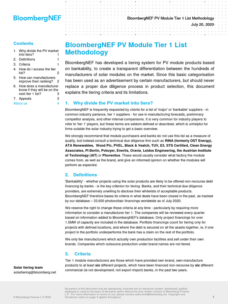 BNEF PV Module Tier 1 List Methodology | PDF | Bloomberg L.P. | Bankruptcy