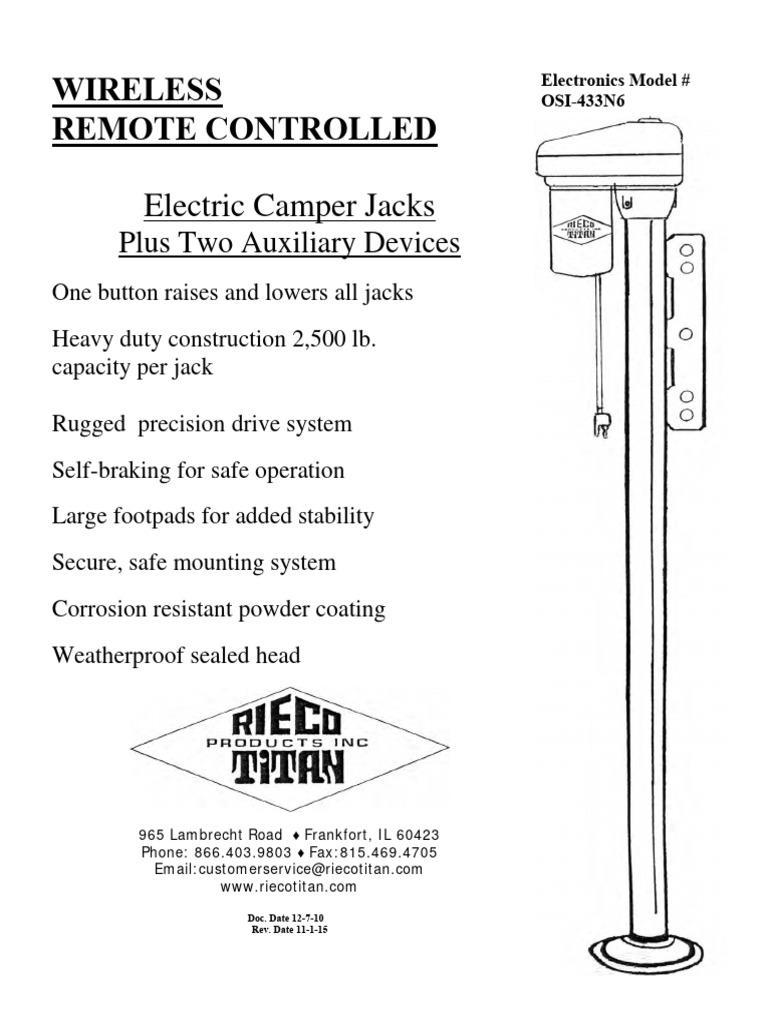 Electric Camper Jack Installation and Operating Instructions Plus Two ...