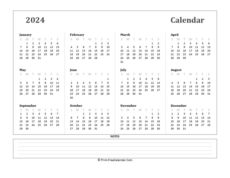 2024 Yearly Calendar Notes Landscape | PDF