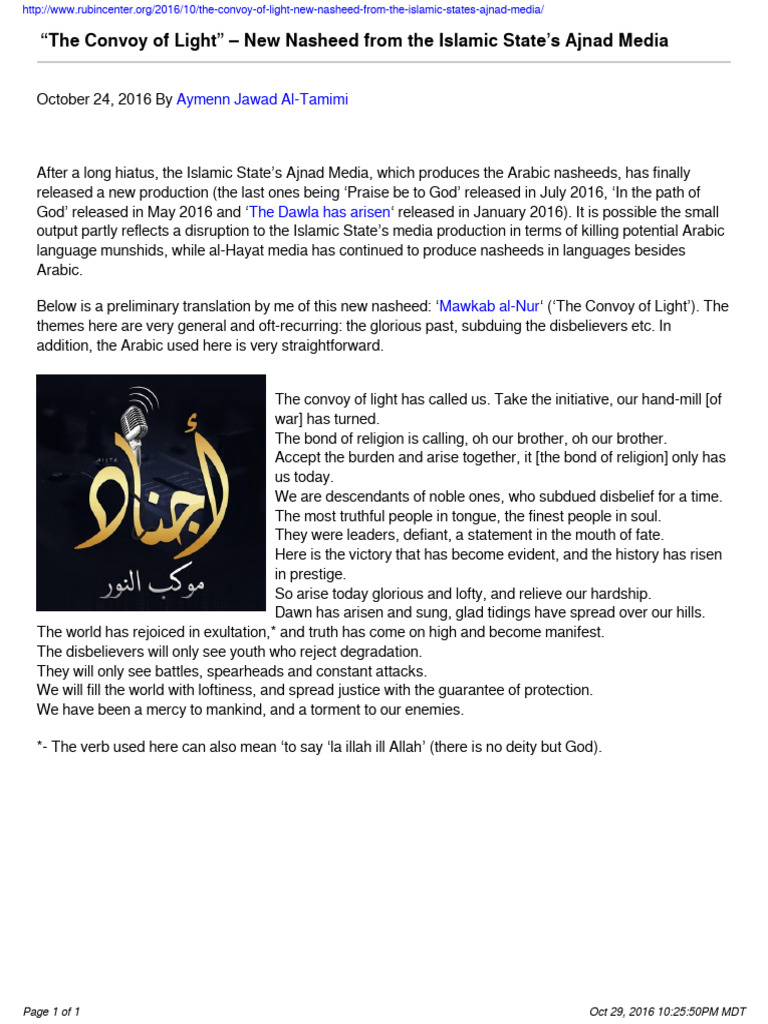 "The Convoy of Light" - New Nasheed From The Islamic State's Ajnad Media | PDF