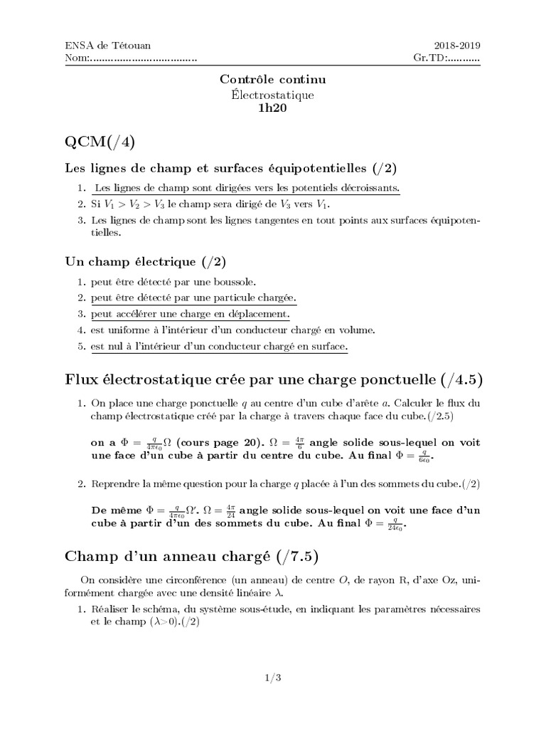 Contrôle continu en électrostatique 2018-2019 | PDF