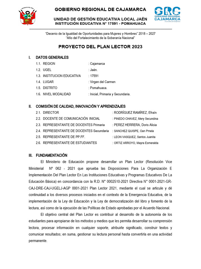 Proyecto Plan Lector IE. #17591 - 2023 | PDF