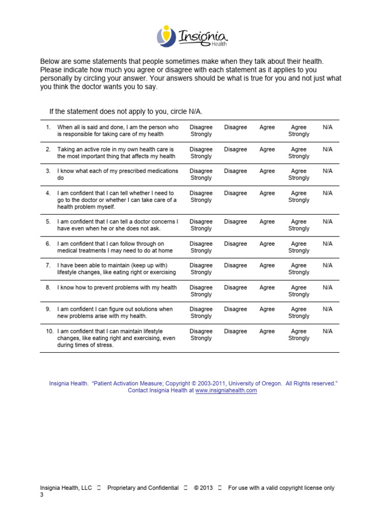 Patient Activation Measure Questionnaire - tcm75-889764 | PDF