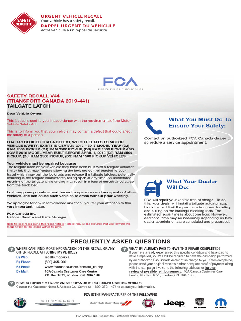 Urgent Vehicle Recall Rappel Urgent Du Véhicule: What You Must Do To ...