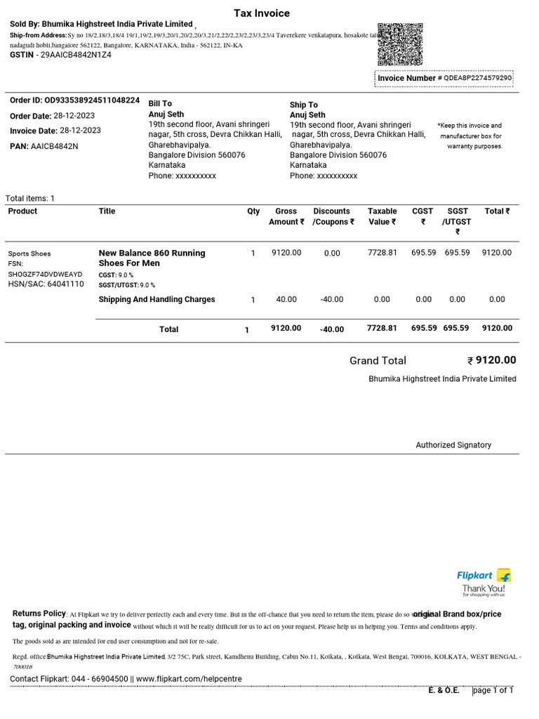Invoice for Anuj Seth's Purchase | PDF