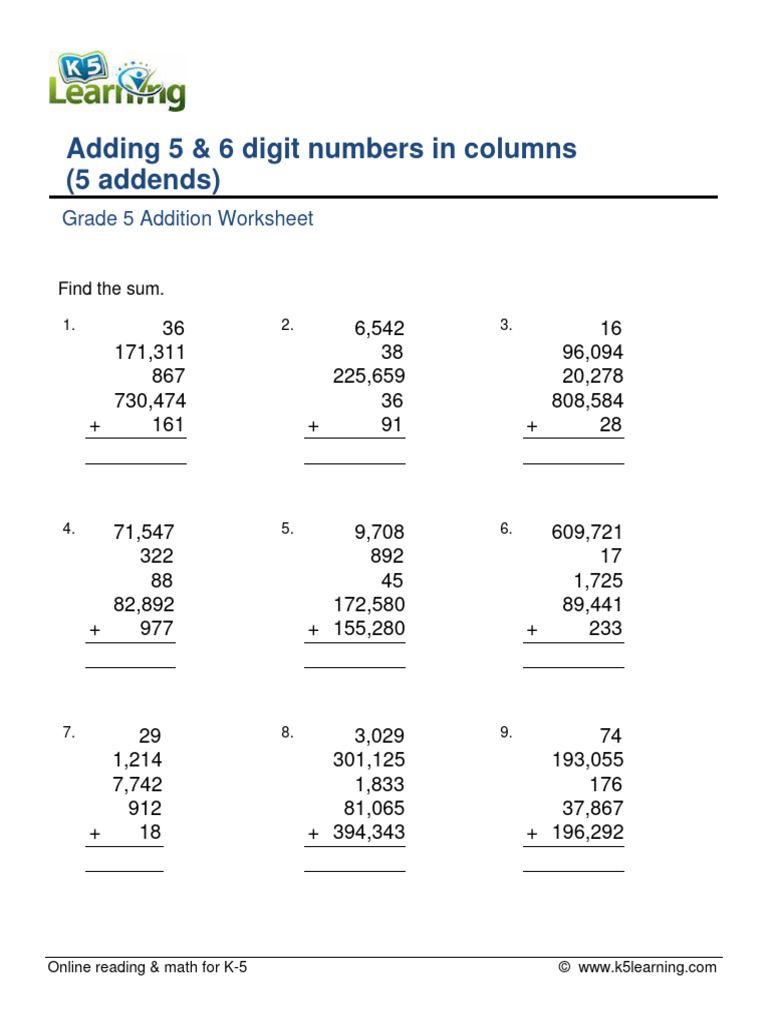 Grade 5 Add Five 5or6 Digit Numbers in Columns A | PDF