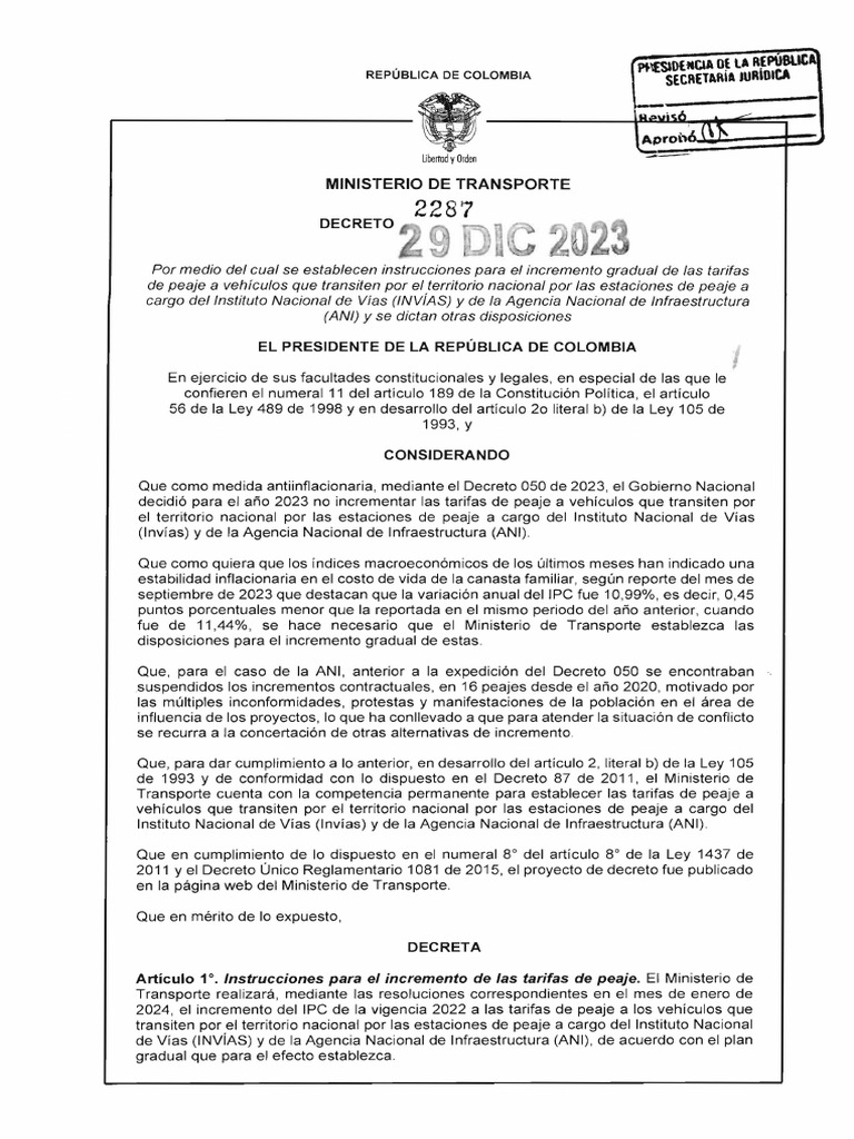 Decreto 2287 Del 29 de Diciembre de 2023 | PDF | Finanzas y dinero