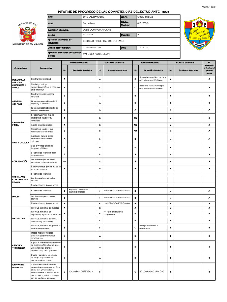 Informe de Progreso de Las Competencias Del Estudiante - 2023 | PDF