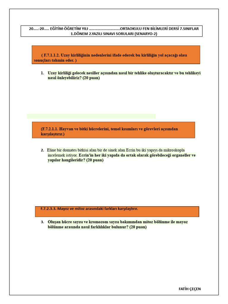 7.sinif Fen Bilimleri 1.donem 2.yazili Acik Uclu Fatih CECEN | PDF