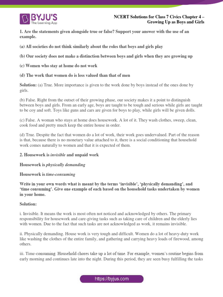 NCERT Solutions For Class 7 Civics Chapter 4 Growing Up As Boys and ...