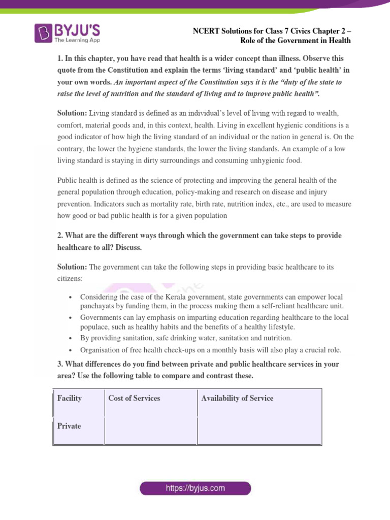 NCERT Solutions For Class 7 Civics Chapter 2 Role of The Government in Health | PDF