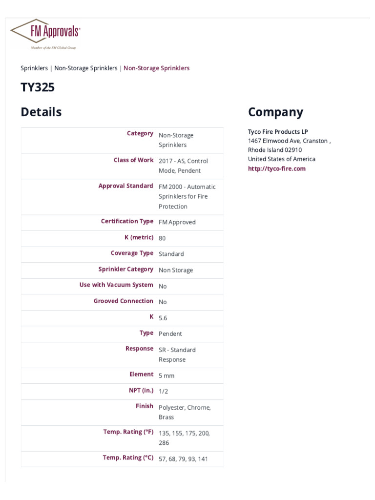 TY325 K5.6 Pendent FM | PDF | Fire Sprinkler System | Corrosion