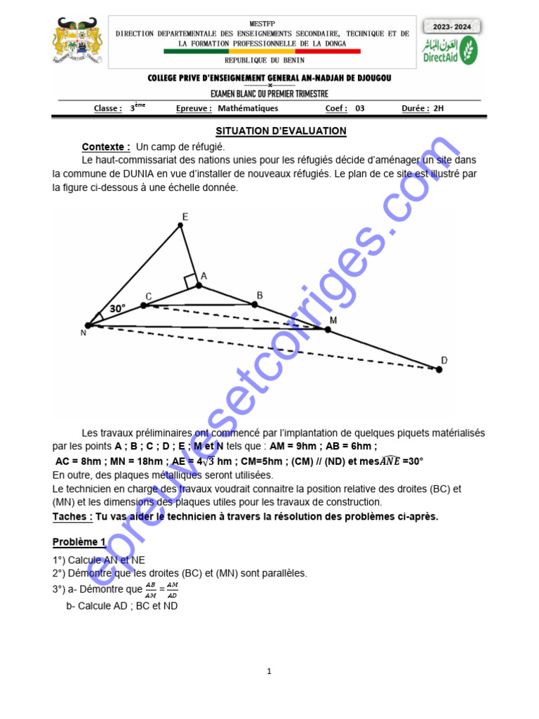 Sujet Mathématiques BEPC 2024 | PDF | Mathématiques