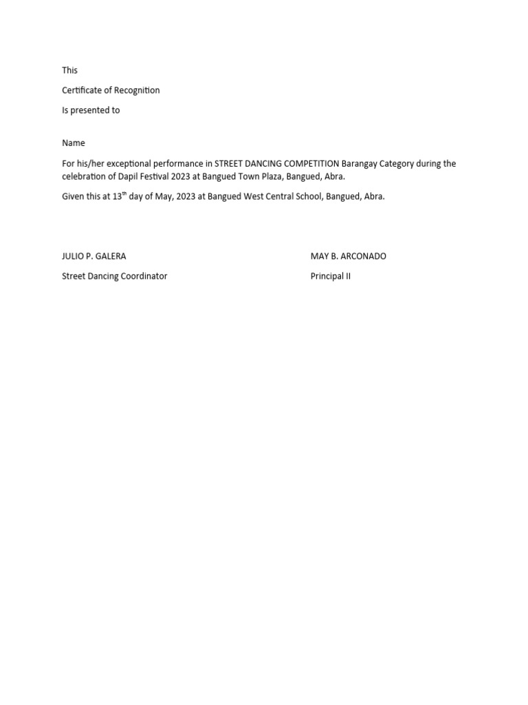 Certificate of Recognition: Street Dancing | PDF