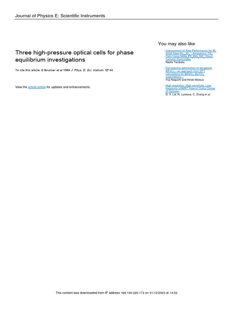 Three High-Pressure Optical Cells For Phase Equilibrium Investigations | PDF