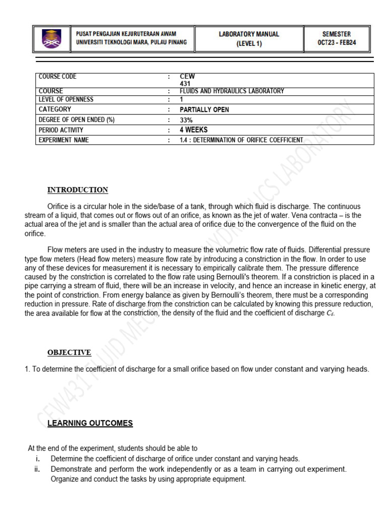 1.4 - Orifice Discharge Coefficient - Report - OCT23 | PDF | Flow ...