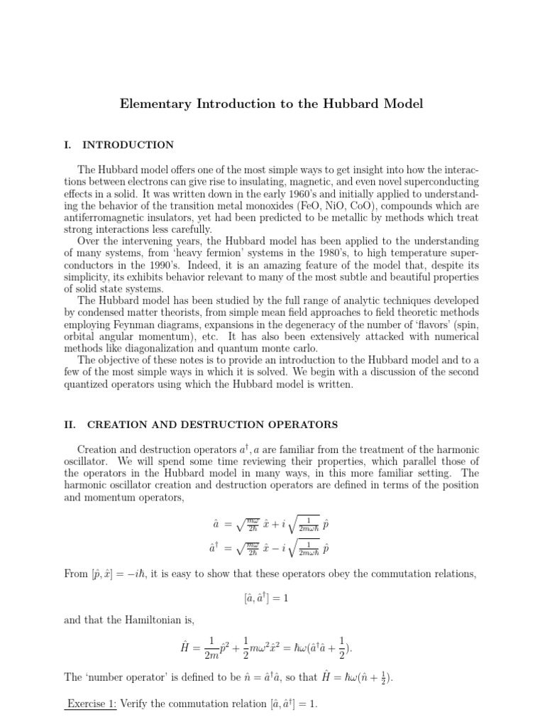Elementary Introduction To The Hubbard Model | PDF | Eigenvalues And ...