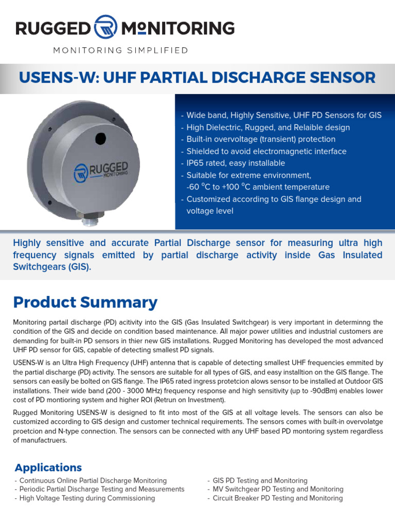 Usens-W: Uhf Partial Discharge Sensor | PDF | Electronics ...