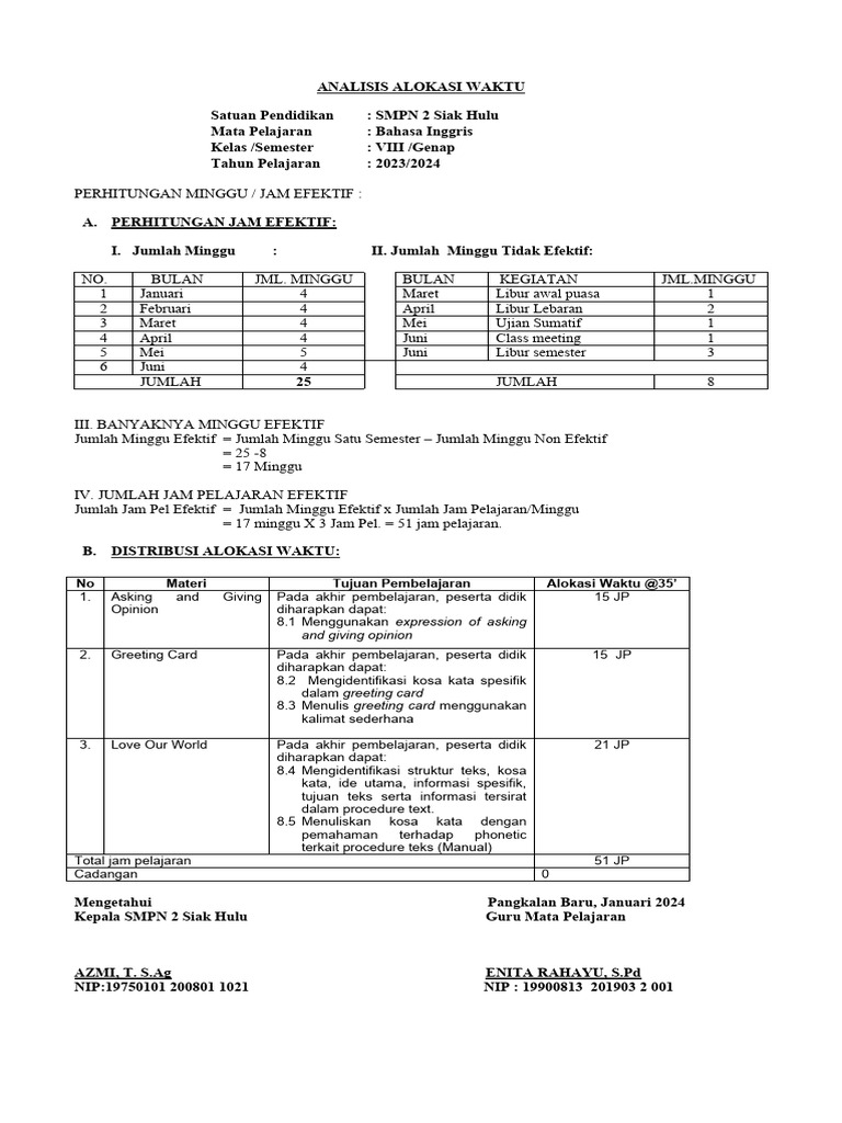 Alokasi Waktu Sem2 Inggris | PDF