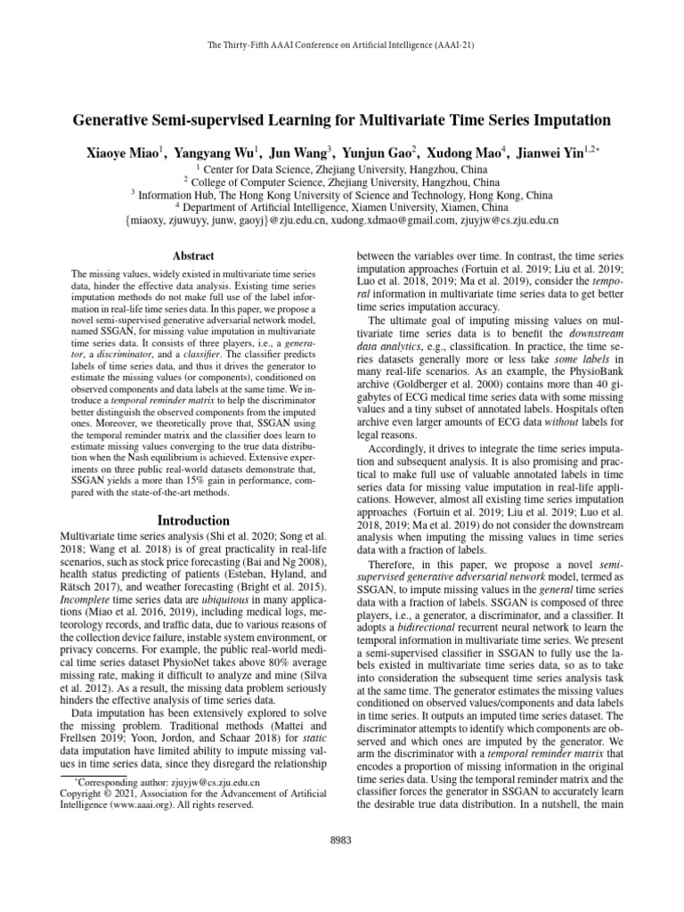 Generative Semi Supervised Learning For Multivariate Time Series Imputation Pdf Time Series