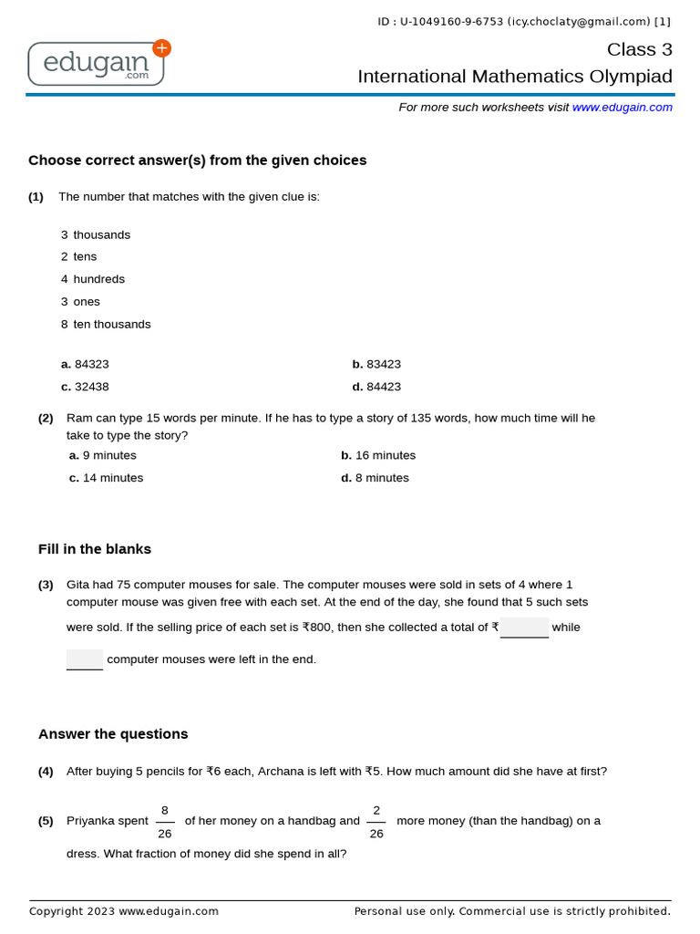 Grade3 Sample Paper IMO | PDF