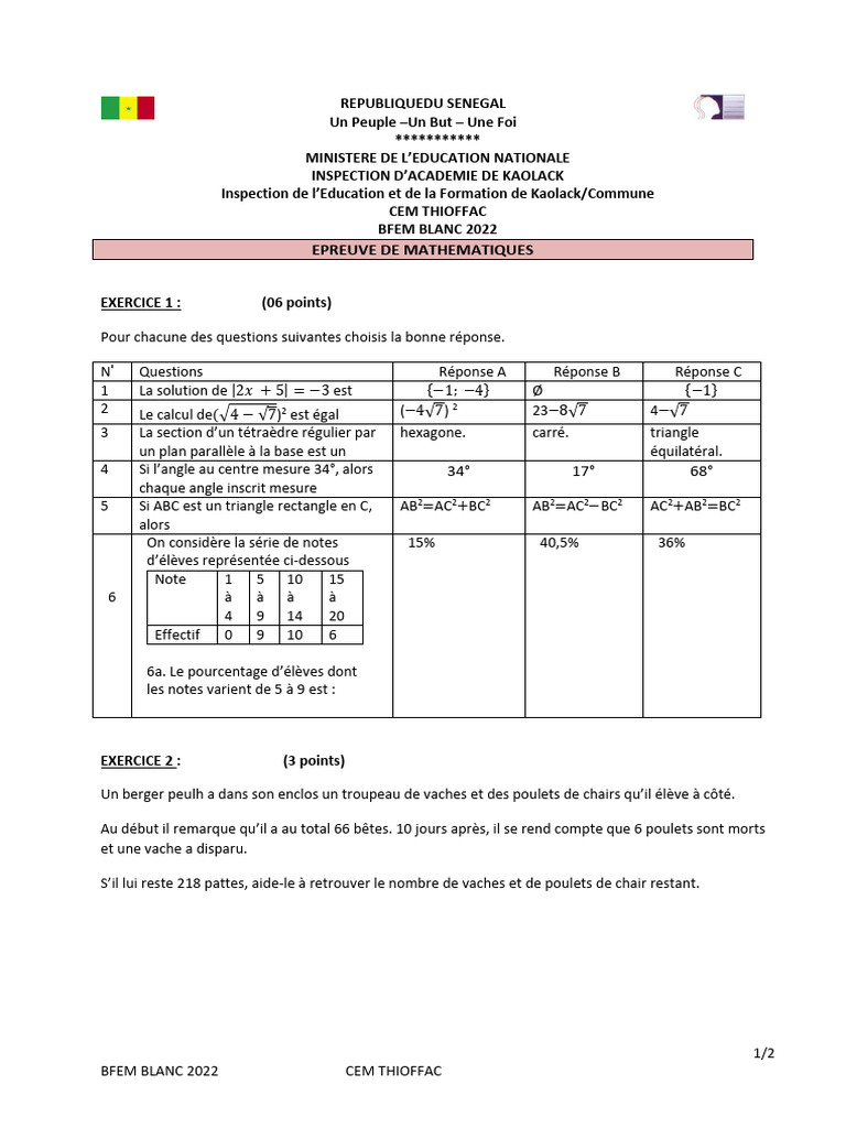 Épreuve de Mathématiques BFEM 2022 | PDF
