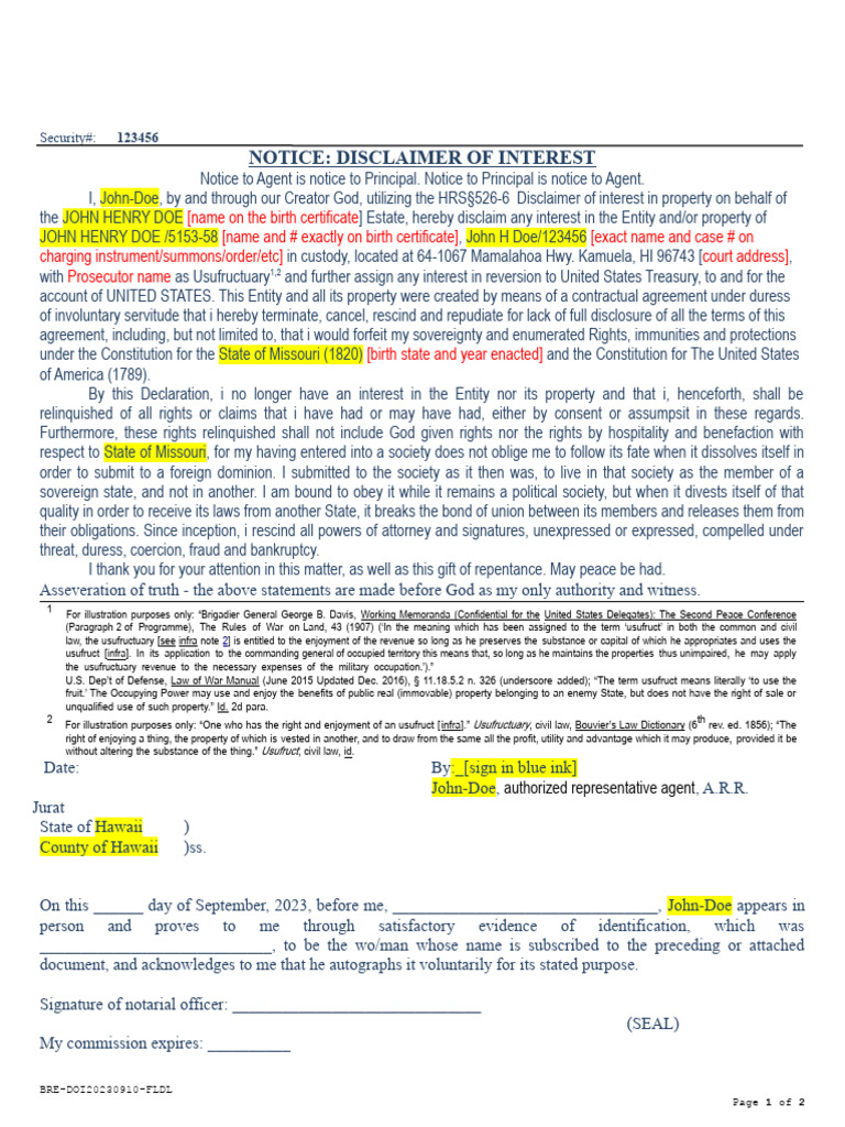 Disclaimer of Interest, Template | PDF | Military Occupation | Private Law